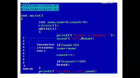 program to find sum of 10 numbers and skip negative numbers using infinite while loop youtube