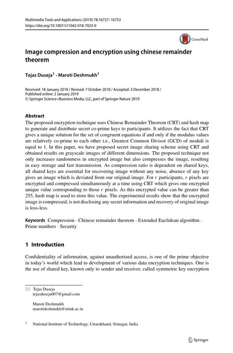 pdf image compression and encryption using chinese remainder theorem