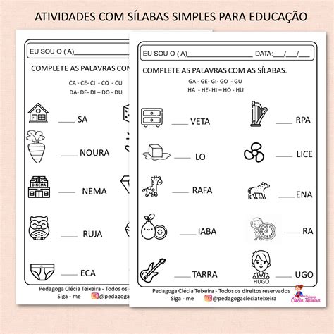 Atividades sílabas simples para educação Clécia Teixeira