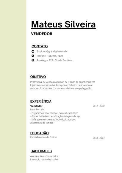 Curriculo Digital Simples Para Vendedor Sem Foto Branco Em 2024