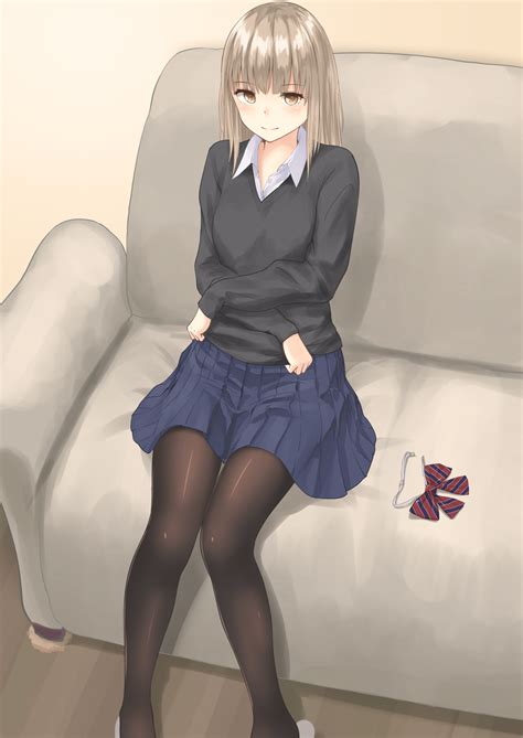 Safebooru 1girl Black Legwear Blonde Hair Blush Bow Couch Highres Long Sleeves Looking At