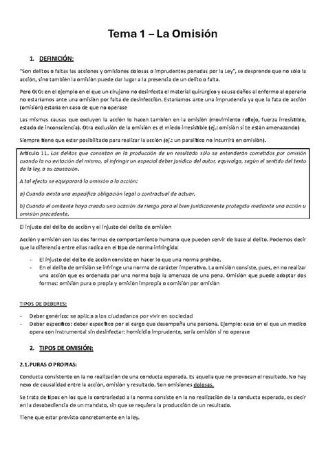 Penal ii tema 1 tema 1 Tema 1 La Omisión 1 DEFINICIÓN Son