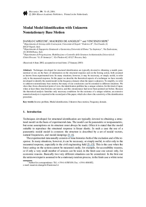 pdf modal model identification with unknown nonstationary base motion maurizio de angelis