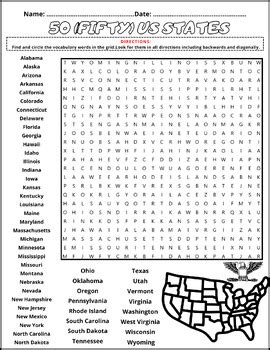 All Fifty Us States Word Search Puzzle Activity Usa Geography