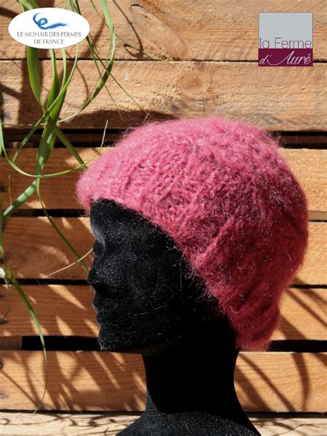 Bonnet Laine Mohair Vieux Rose Tricot Main Mohair France
