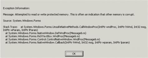 message attempted to read or write protected memory