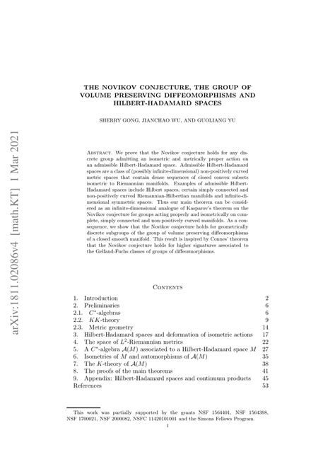 pdf the novikov conjecture the group of volume preserving diffeomorphisms and hilbert