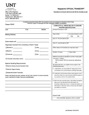 Fillable Online UNT Official Transcript Request Fax Email Print PdfFiller