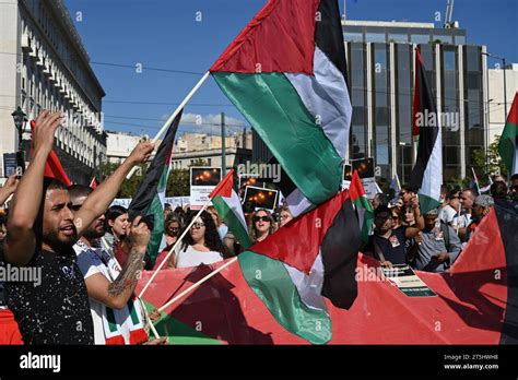 Pro Palestinian Demonstration Participants Wave Palestinian Flags And