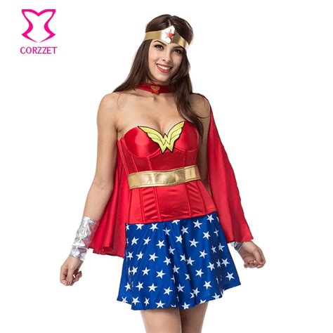 Burlesque Superhero Supergirl Halloween Corset Dress With Cape Cosplay Wonder Woman Costume Sexy