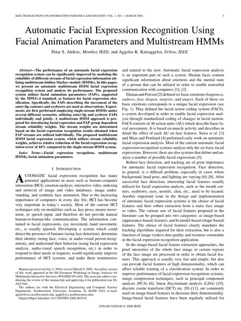 pdf automatic facial expression recognition using facial animation parameters and multistream hmms