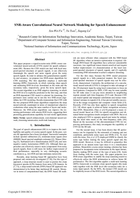 pdf snr aware convolutional neural network modeling for speech enhancement yu tsao