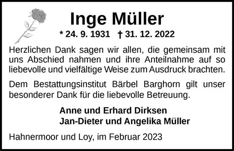 Traueranzeigen von Inge Müller nordwest trauer de
