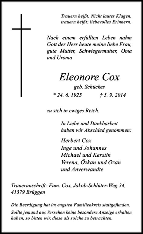 Alle Traueranzeigen für Eleonore Cox trauer rp online de