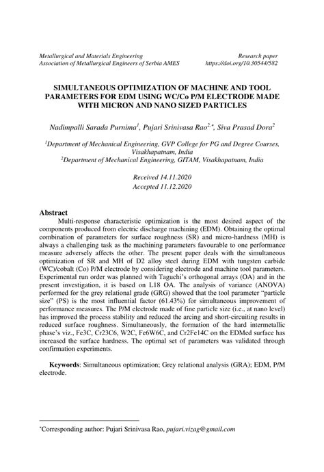 pdf simultaneous optimization of machine and tool parameters for edm using wc co p m electrode