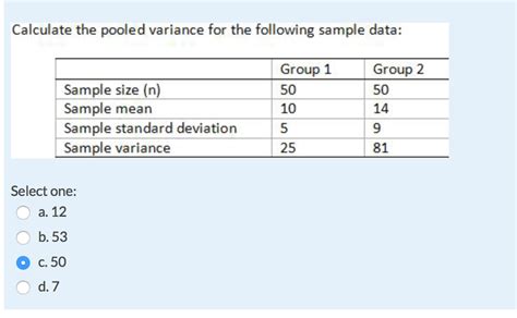 solved calculate the pooled variance for the following