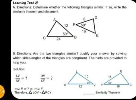 solved learning task 2 a directions determine whether the following triangles similar if so