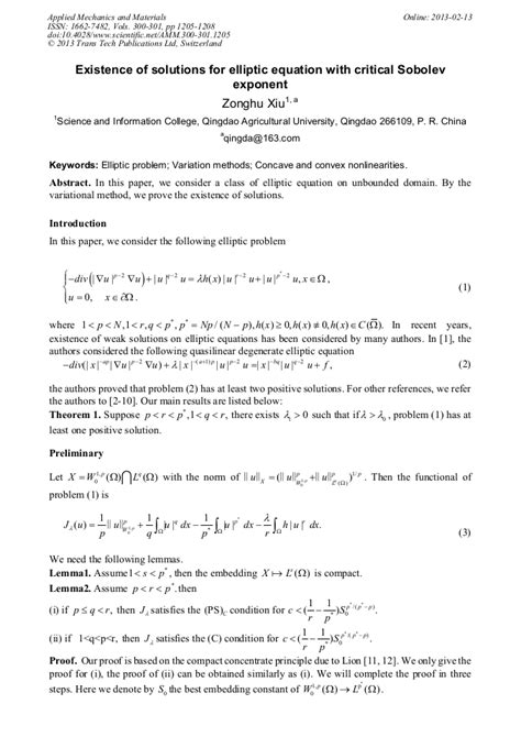existence of solutions for elliptic equation with critical sobolev exponent scientific