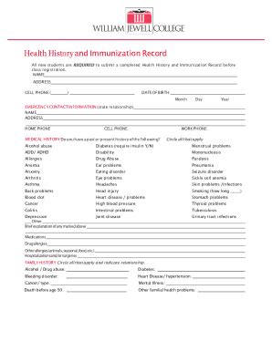 Fillable Online Health History And Immunization Form William Jewell