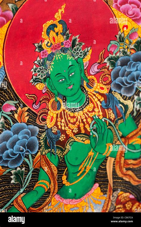 Colourful Tibetan Buddhist Thangka Tanka Painting Green Tara Stock
