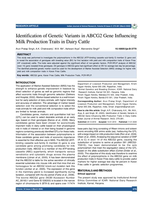 pdf identification of genetic variants in abcg2 gene influencing milk production traits in