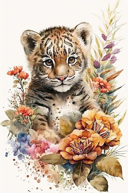 Dessin de tigre aquarelle bébé tigre décoré de fleurs et feuilles