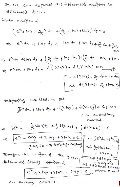 Solved Solve For Exact Differential Equation Ex Ln Y Y X Dx X