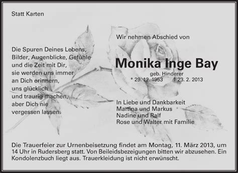 Traueranzeigen Von Monika Inge Bay ZVW Trauer