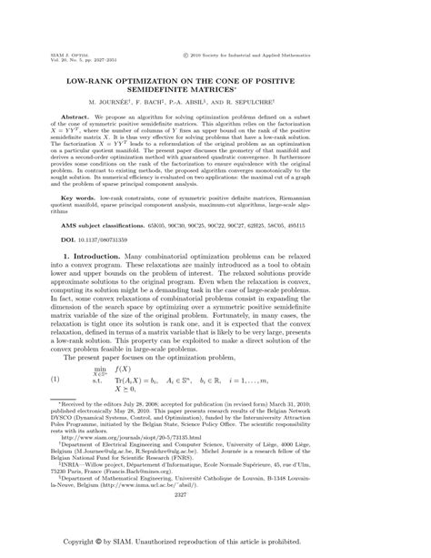 pdf low rank optimization on the cone of positive semidefinite matrices