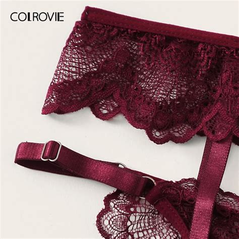 Colrovie Burgundy Floral Lace Garter Sexy Lingerie Set Women Intimates 2019 Underwire