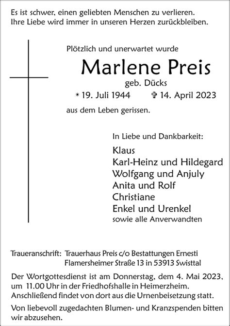 Traueranzeigen Von Marlene Preis Wirtrauern