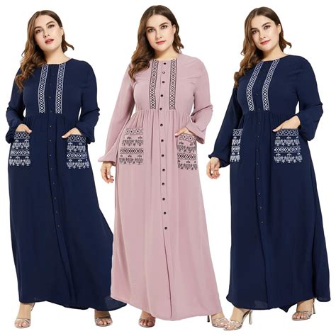 Muslim Women Abaya Islamic Maxi Long Sleeve Dress Buttons Pocket Kaftan