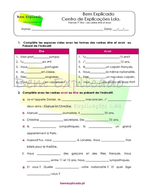 PDF 1 2 Ficha de Trabalho Les Verbes Être Et Avoir 1 DOKUMEN TIPS