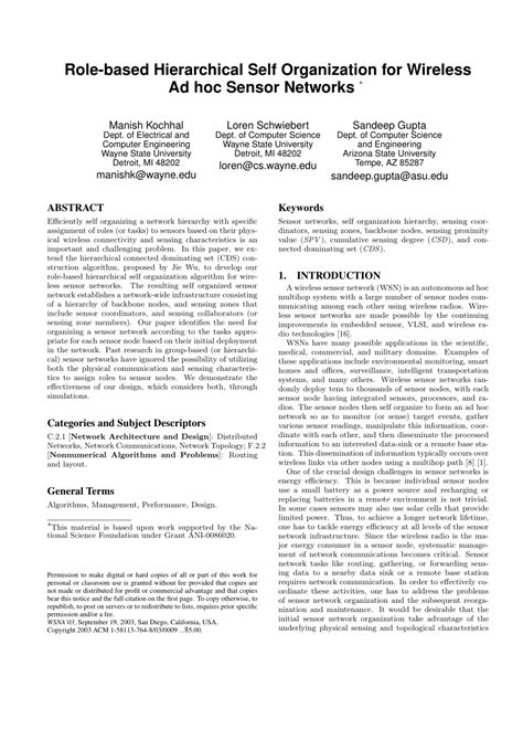 pdf role based hierarchical self organization for wireless ad hoc sensor networks