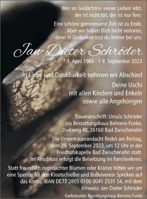 Traueranzeigen von Jan Dieter Schröder nordwest trauer de