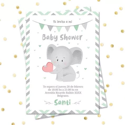 Invitación Digital Imprimible Elefante Baby Shower Verde en venta