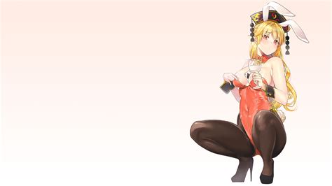 Cleavage Thighs Squatting Ameyame Blonde Long Hair Women Anime