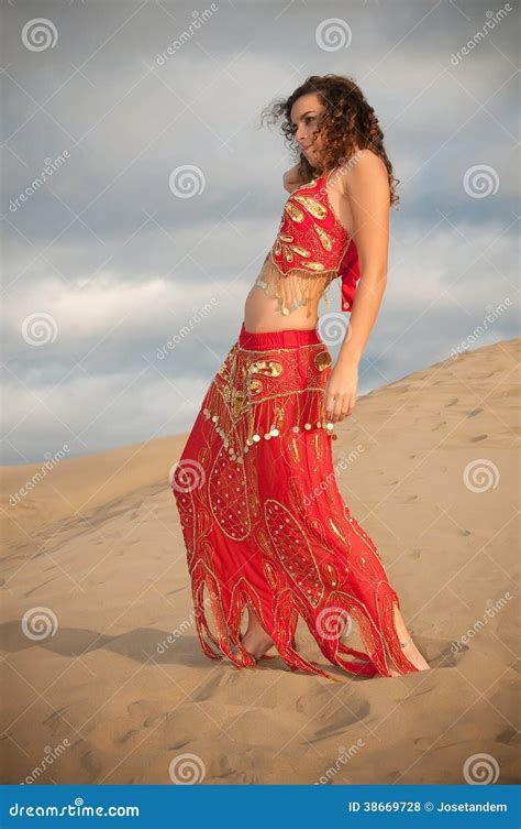 Woman Belly Dancer Arabian In Desert Dunes Stock Photo Image
