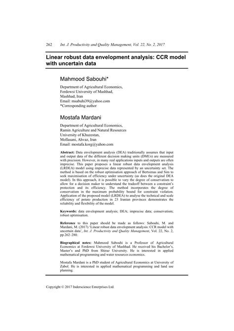 pdf linear robust data envelopment analysis ccr model with uncertain data