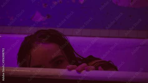 Close Up Of Young Woman Taking Shower In Slow Motion Closeup Wet Woman Washing Hair In Bathroom
