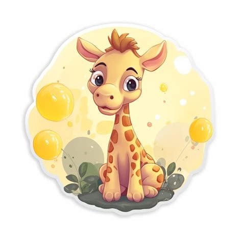 Jirafa De Dibujos Animados Sentada En La Hierba Con Globos Y Plantas