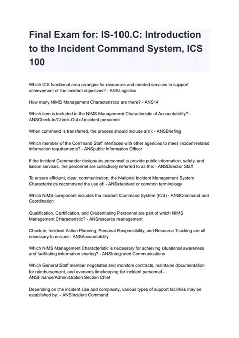 Final Exam For IS 100 C Introduction To The Incident Command System