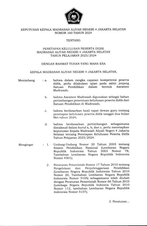 KEPUTUSAN KEPALA MADRASAH ALIYAH NEGERI 4 JAKARTA SELATAN NOMOR 160