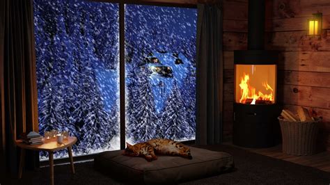 10 Hours Cozy Hut With Crackling Fireplace Snow And Wind Winter
