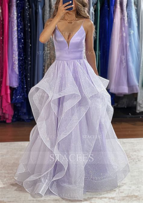 A Line V Neck Tulle Long Floor Length Prom Dress With Ruffles Glitter