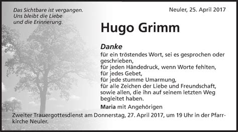 Traueranzeigen Von Hugo Grimm OstalbTrauer