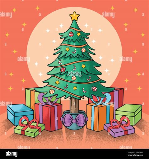 A Vector Design Of Christmas Tree With Colorful Gift Boxes Under On A