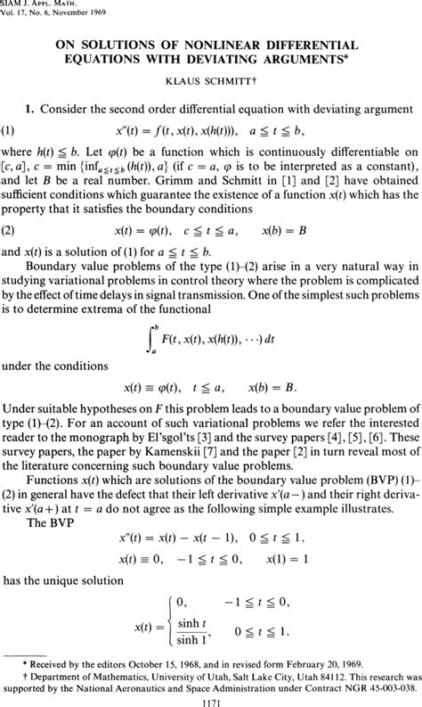 on solutions of nonlinear differential equations with deviating arguments siam journal on