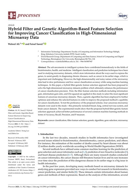 pdf hybrid filter and genetic algorithm based feature selection for improving cancer