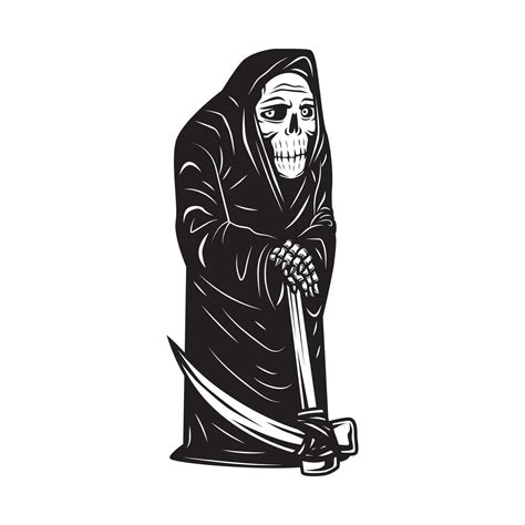 Old Grim Reaper With Sickle Character Vector Illustration Black And